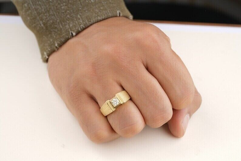 1.00CT Round Cut Men Solitaire Natural IGI Certified Diamond 14k Yellow ...