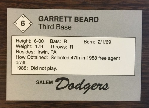 1989 Salem Dodgers #6 GARRETT BEARD (RC) Minor League Card H8105101 | eBay