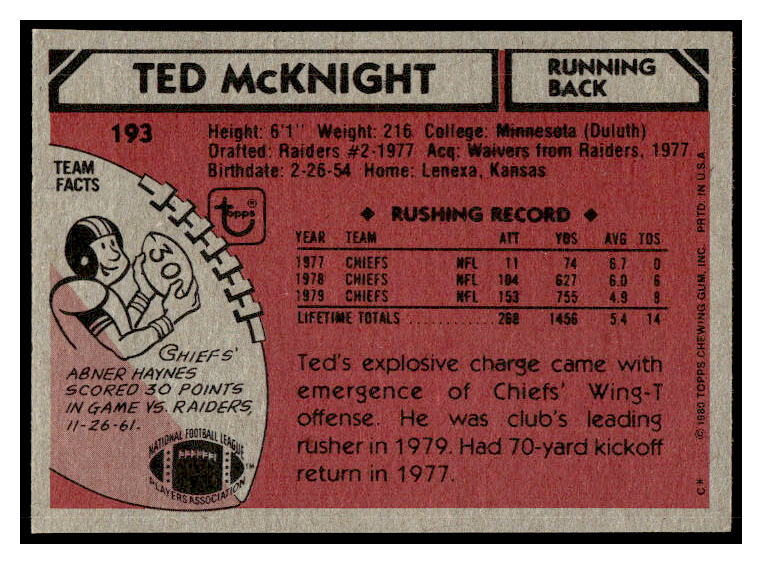 1980 Topps #193 Ted McKnight Kansas City Chiefs Rookie Excellent | eBay