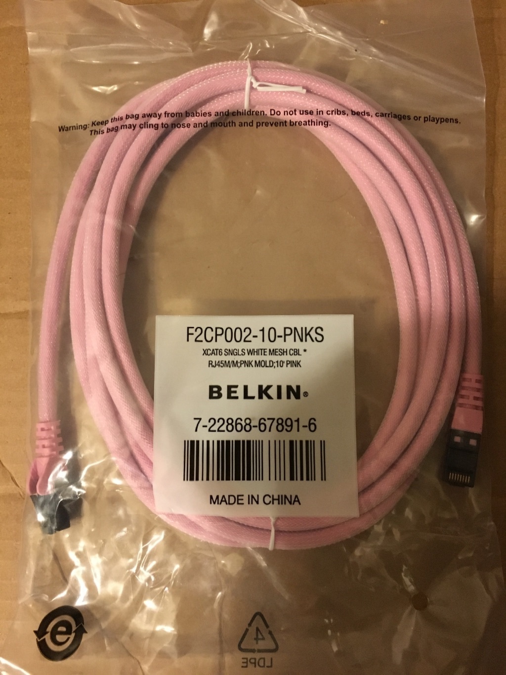 Belkin F2CP002-10-PNKS 10' foot CAT6 Gaming Network Mesh CABLE PINK ...