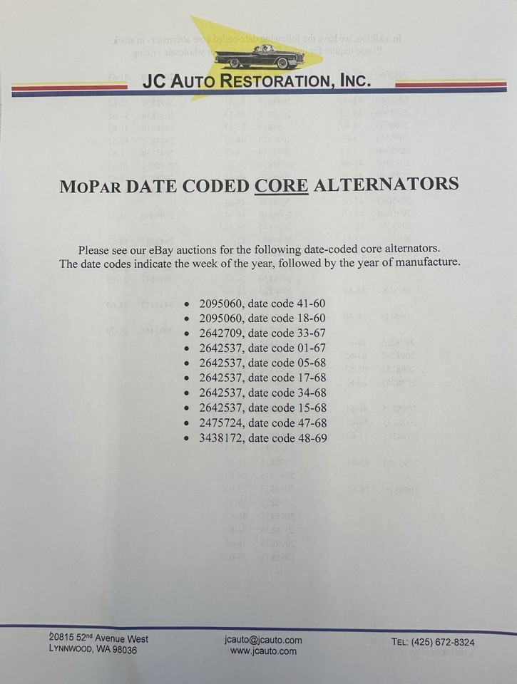 1969 MoPar Date Coded Alternator CORE 69 GTX Charger Barracuda Road ...