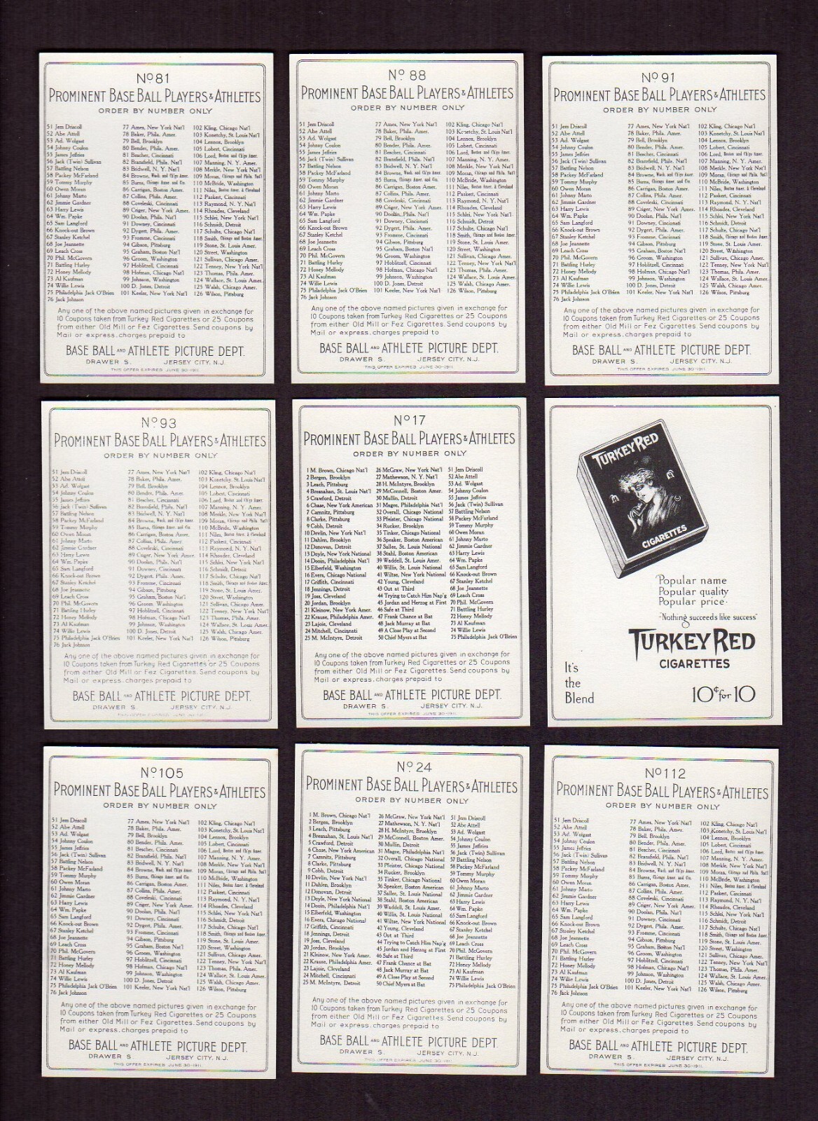 1910 CINCINNATI REDS Turkey Red T3 complete TEAM REPRINT SET ~ ALL 9 ...