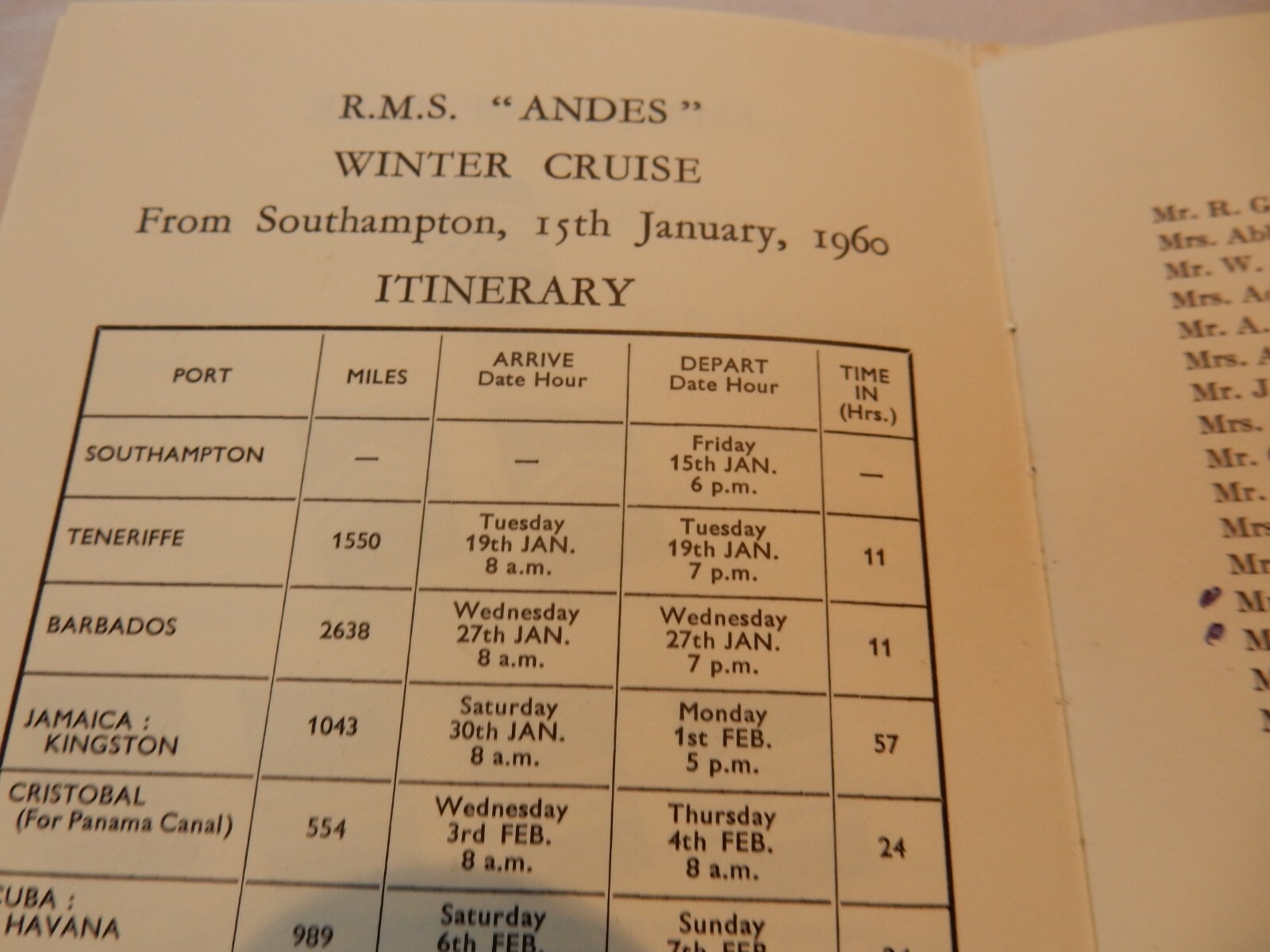 Royal Mail line passenger list 1960 RMS ANDES 110x 180 mm annotations ...