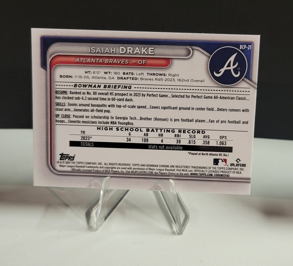2024 Bowman Chrome Isaiah Drake #BCP-21 Atlanta Braves 1st Bowman RC | eBay
