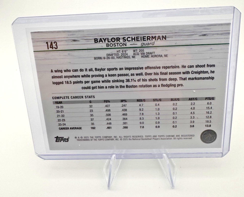 Baylor Scheierman Purple 266/299 2024-25 Topps Chrome #143 RC Refractor ...