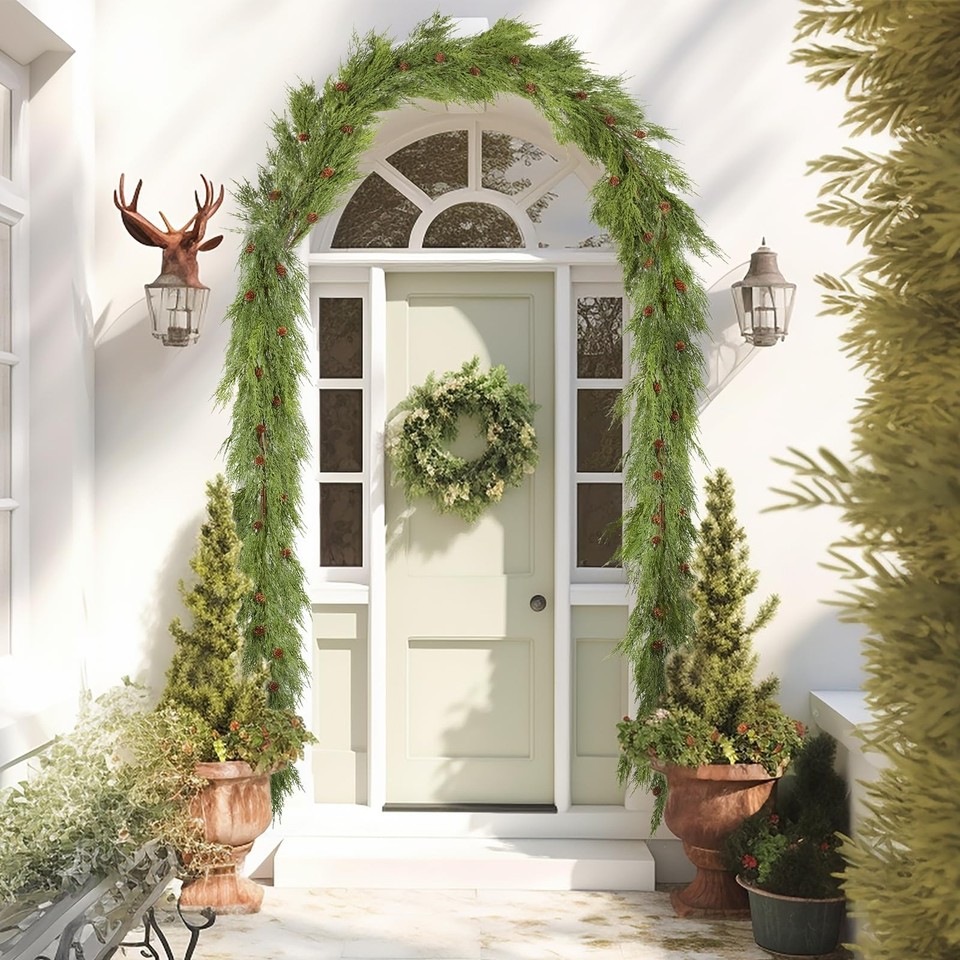 Real Touch Cypress Cedar & Pine Cone Evergreen Garland for Christmas ...