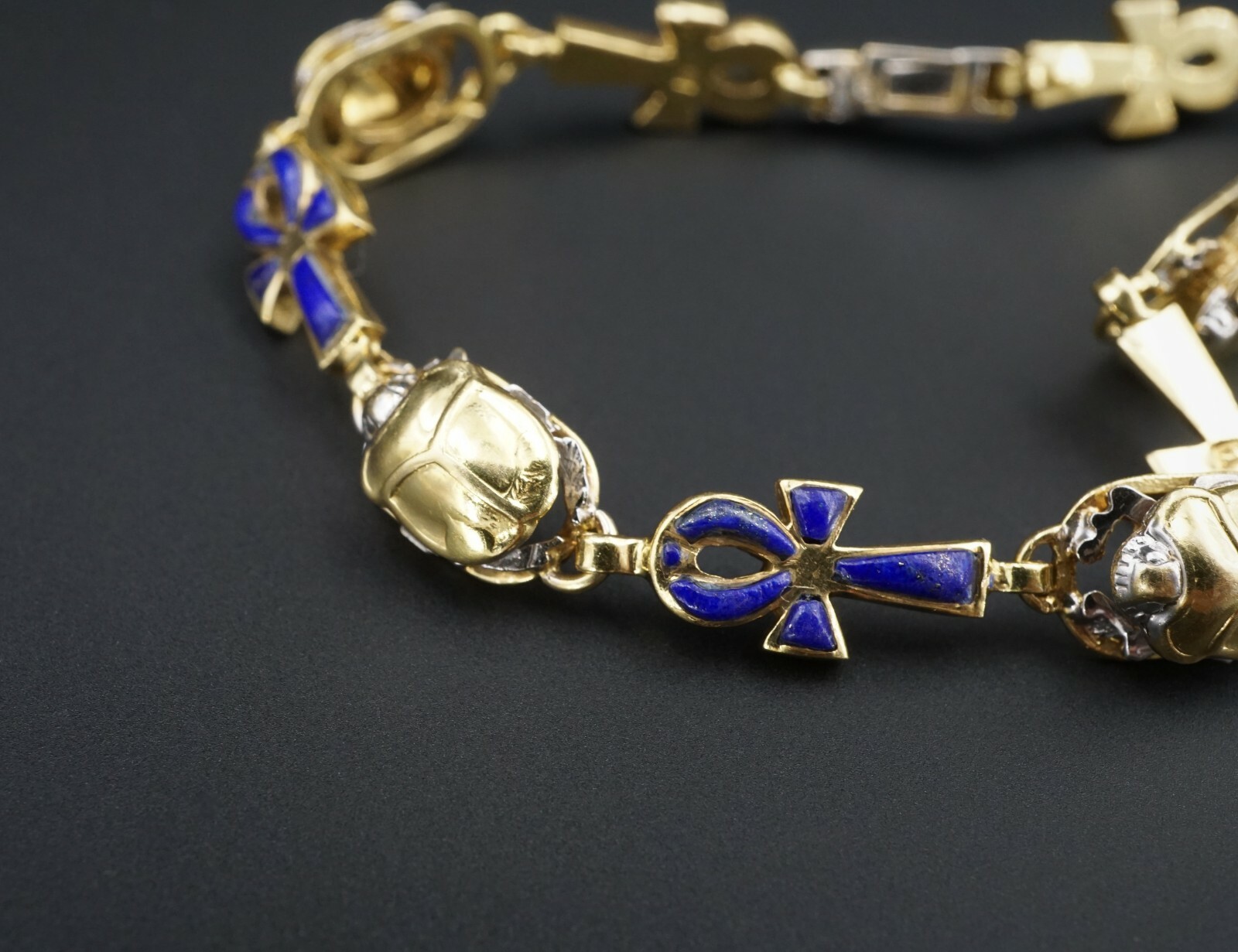 Vintage 2-Tone 18k Gold Lapis Lazuli Inlay Scarab Ankh Bracelet 7.75 ...