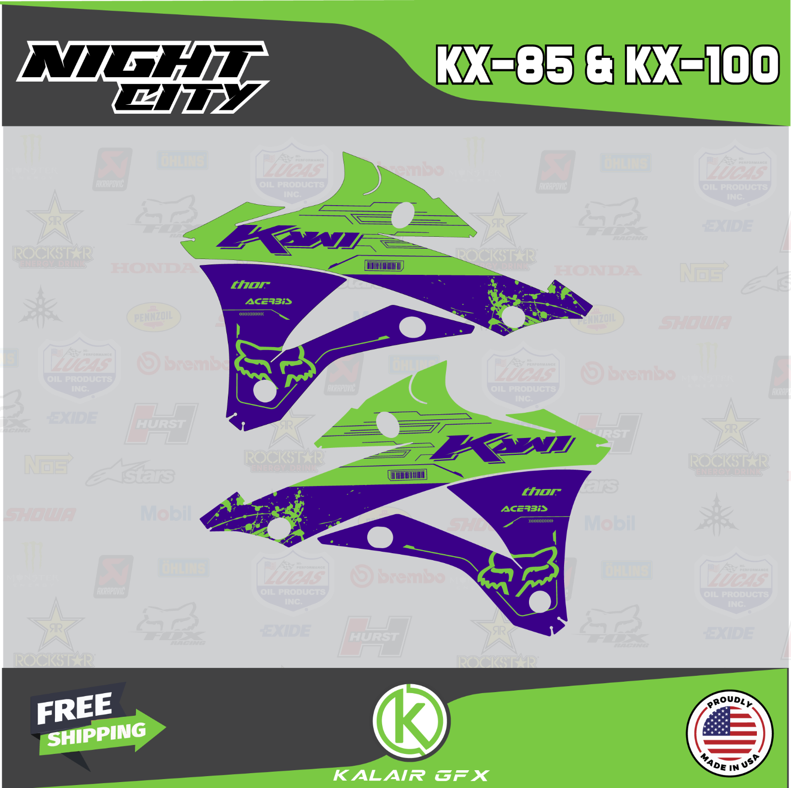 Graphics Kit for Kawasaki KX85 KX100 (2014-2021) NightCity - Purple | eBay