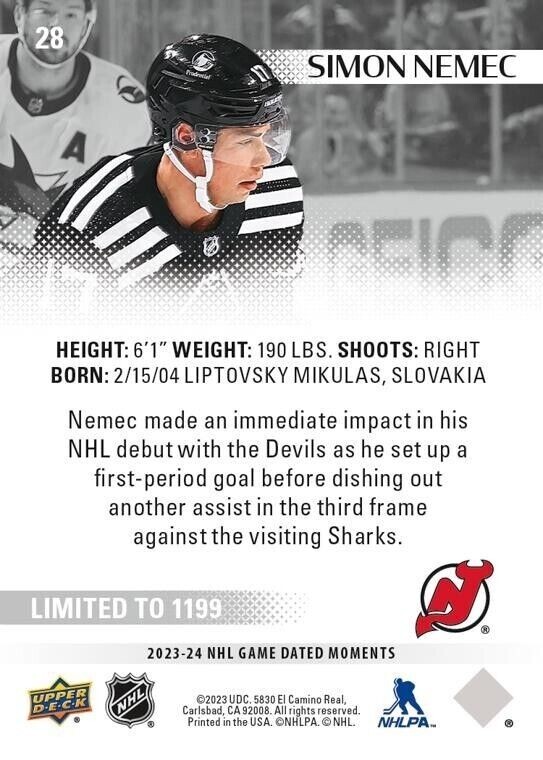 23-24 Upper Deck Game Dated Moments Simon Nemec Debut **PRESALE** EPACK ...