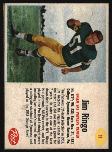 1962 Post Cereal #11 Jim Ringo EXMT/EXMT+ Packers 572165 | eBay