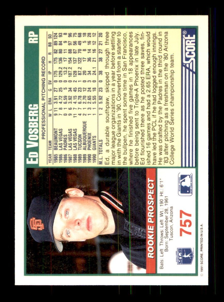 1991 Baseball Score Ed Vosberg San Francisco Giants #757 RP RC | eBay