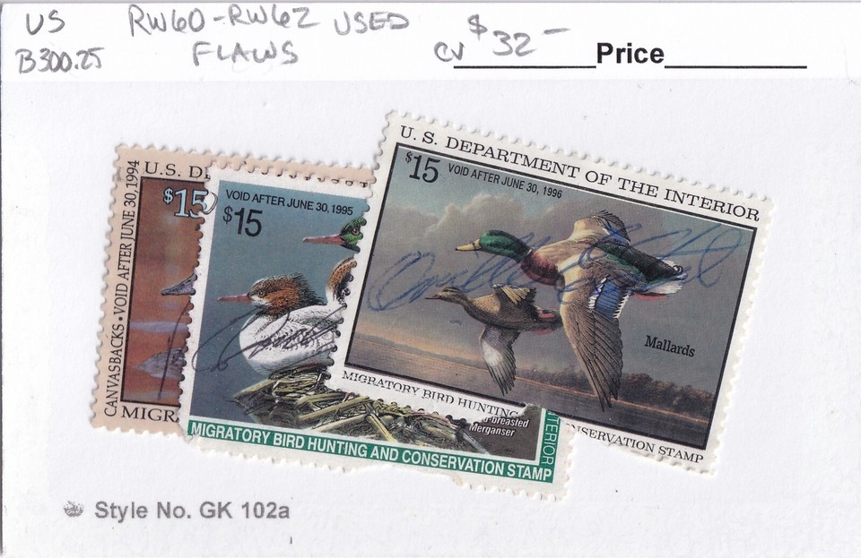 MATT'S STAMPS US SCOTT #RW60-RW62 FEDERAL DUCK STAMPS 1993-1995, USED ...