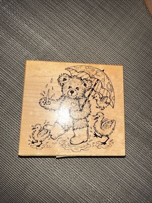 PSX Fuzzy Bear Walking Rain w/Umbrella & Ducks Rubber Stamp 1999 K-2646 ...