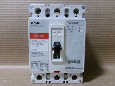 Eaton EDB EDB3125BP10 3 Pole 125 Amp 240V R/S Circuit Breaker EDB3125 ...