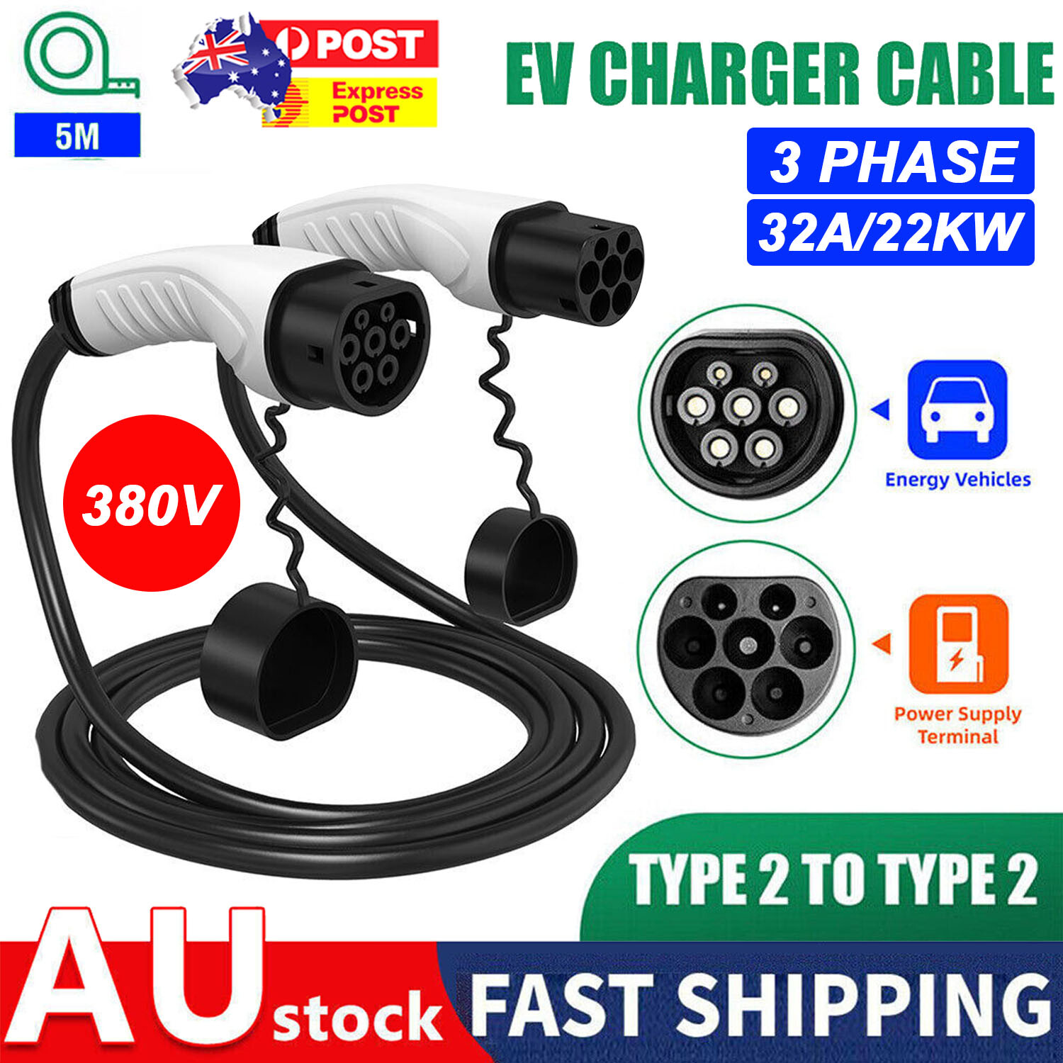 22kW 480V 32A Type2 to Type 2 EV 5M Charging Charger Cable BYD Tesla ...