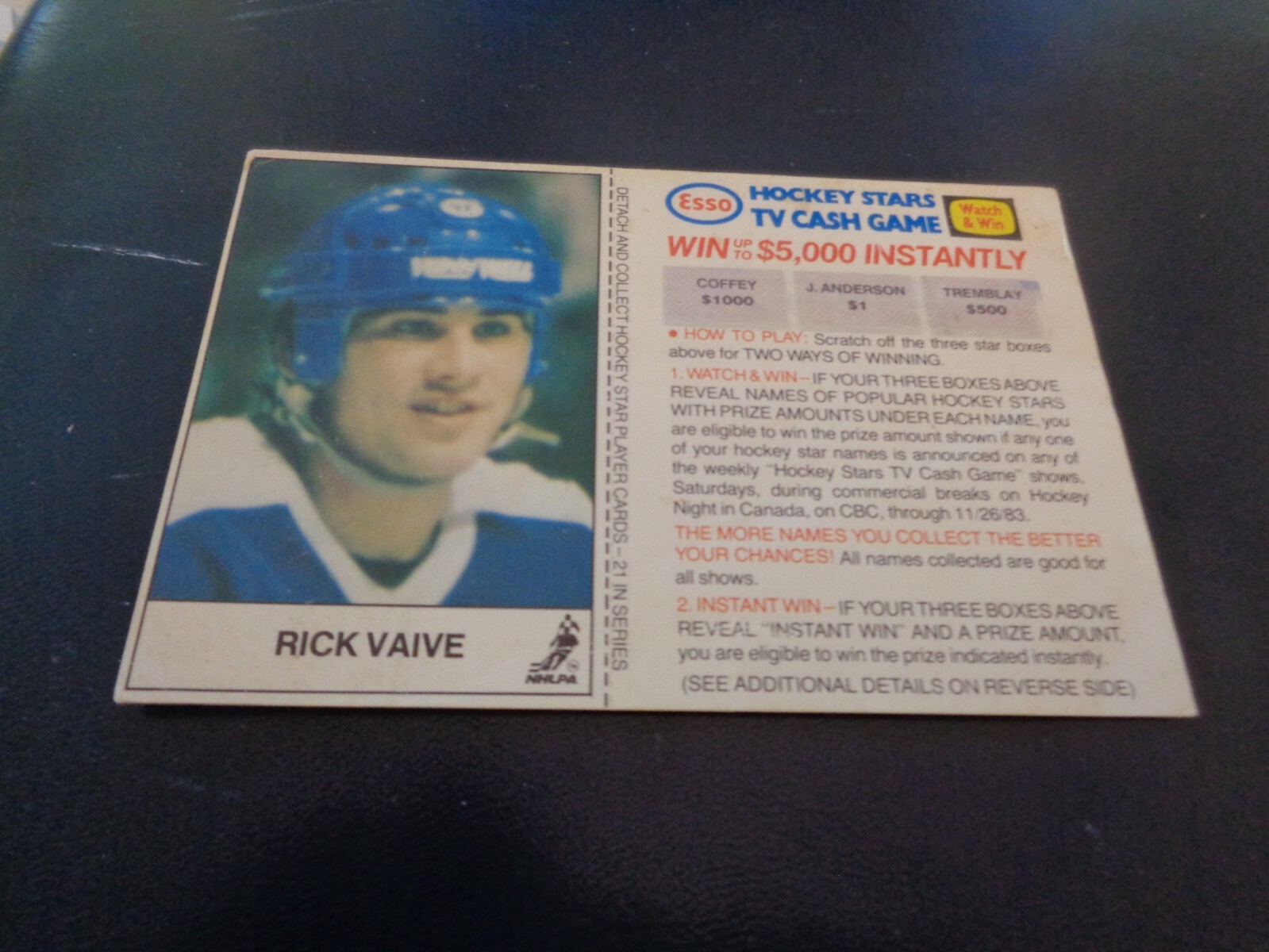 1983-84 Esso NHL Hockey TV Cash Game Card - Rick Vaive - Toronto Maple ...