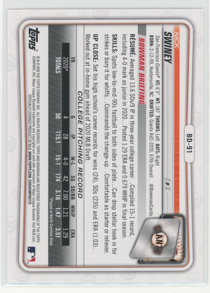 NICK SWINEY 2020 BOWMAN DRAFT 1ST #BD91 QTY | eBay