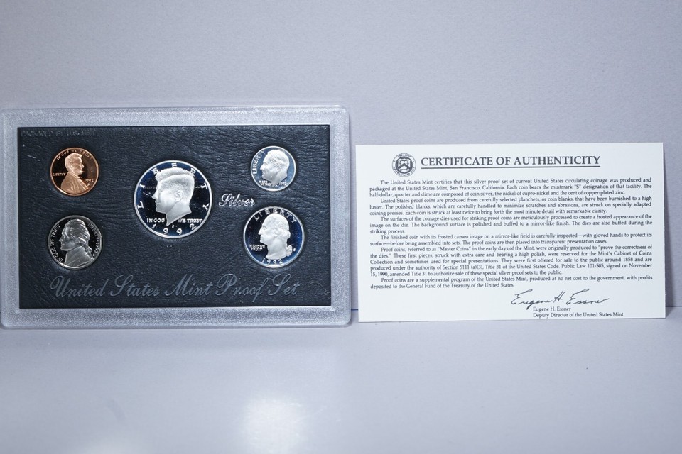 1992-S U.S. Mint 5-Coin Silver Proof Set, 90% Silver Dime-Quarter-Half ...