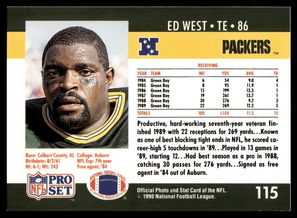 1990 NFL PRO SET ED WEST GREEN BAY PACKERS #115 | eBay