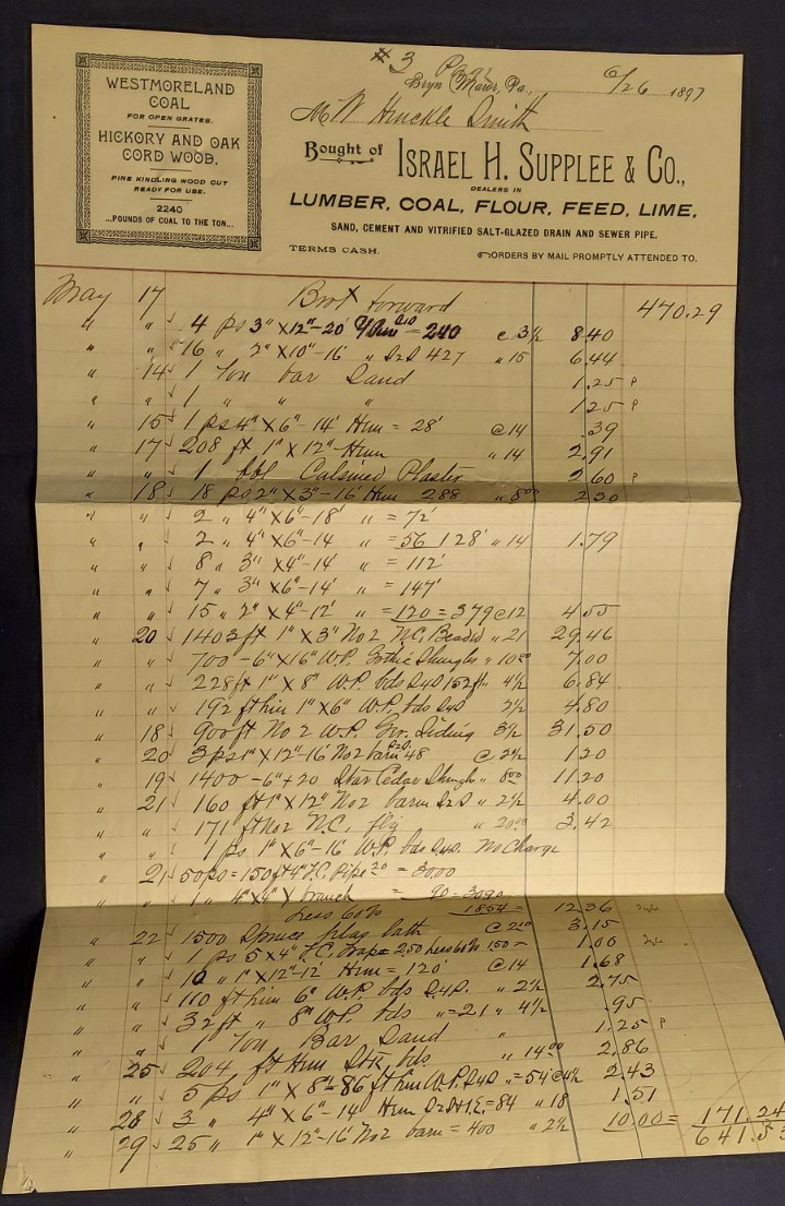 1897 Advertising Invoice Israel H Supplee & Co Bryn Mawr PA Lumber Coal ...