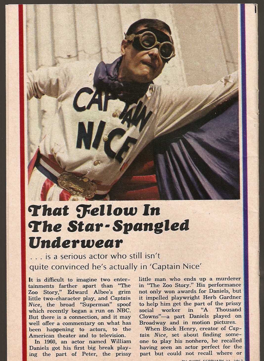 1967 TV ARTICLE / CAPTAIN NICE SUPERHERO WILLIAM DANIELS TELEVISION ...