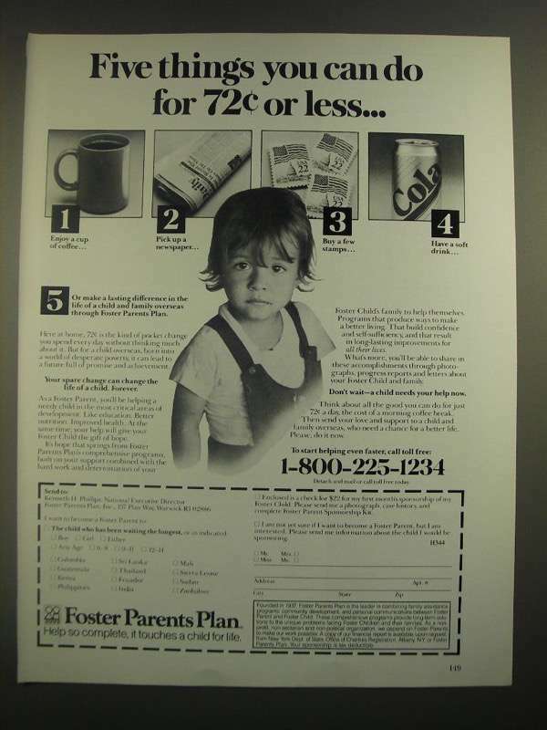 1988 Foster Parents Plan Ad - Five Things You Can Do For 72 or Less | eBay