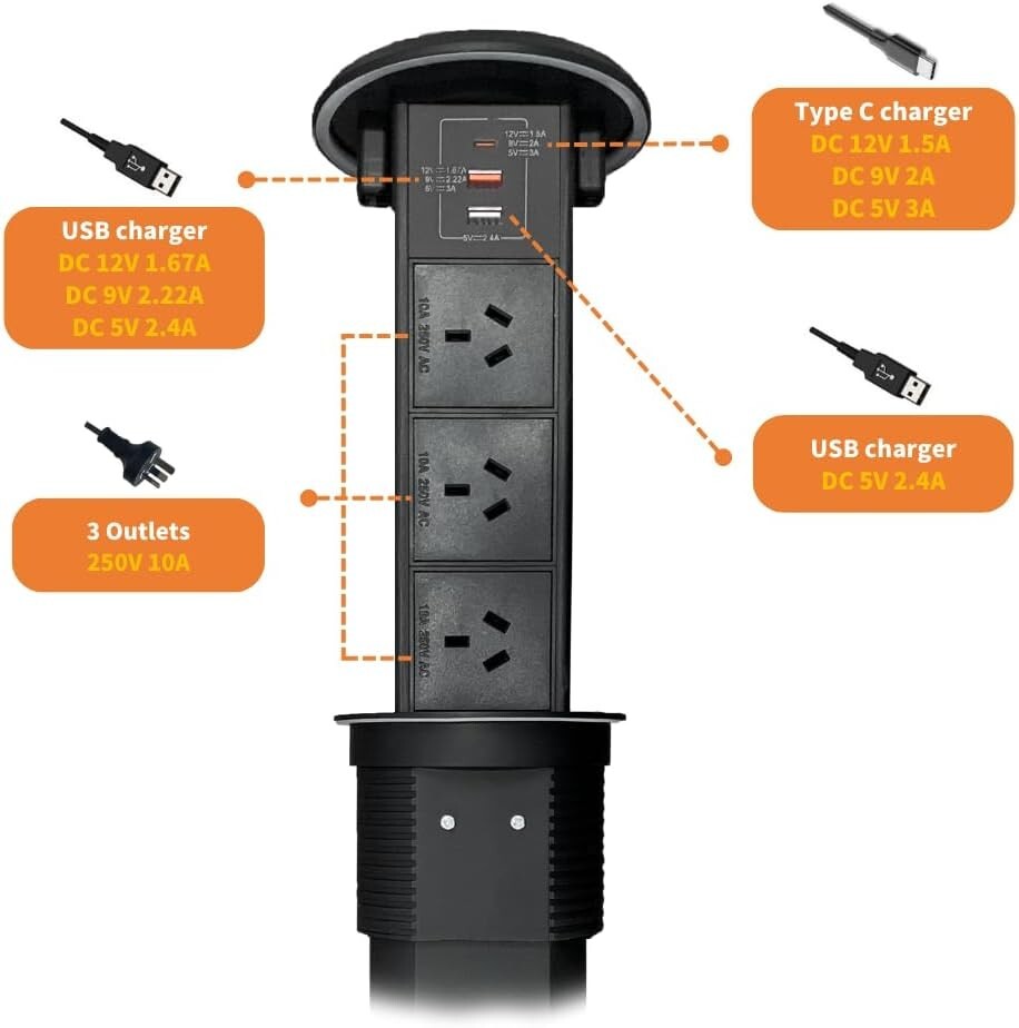 Waterproof Wireless Pop up Power Point Extension Power Cord with 3 AC ...