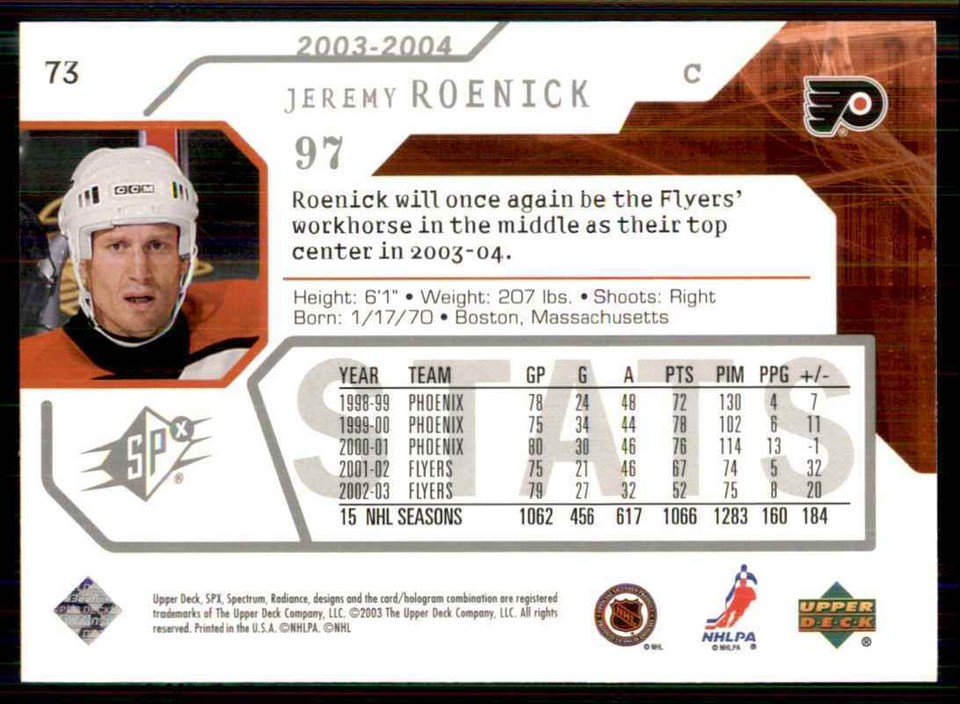 2003-04 SPx Jeremy Roenick Philadelphia Flyers #73 | eBay