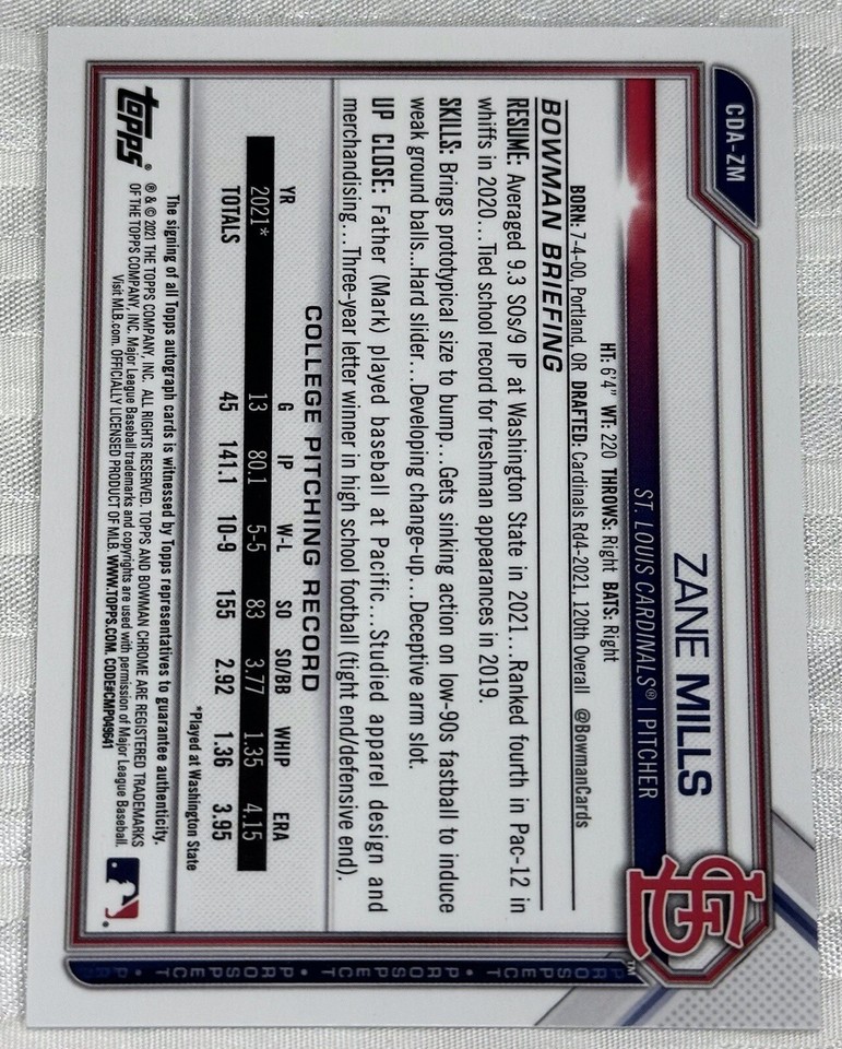 ZANE MILLS 2021 Bowman Draft Chrome Autograph #CDA-ZM Rookie 1st RC ...