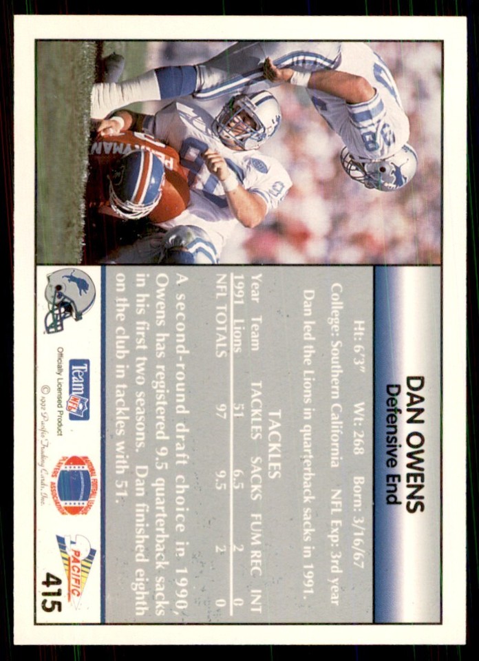 1992 Pacific Dan Owens Football Cards #415 | eBay
