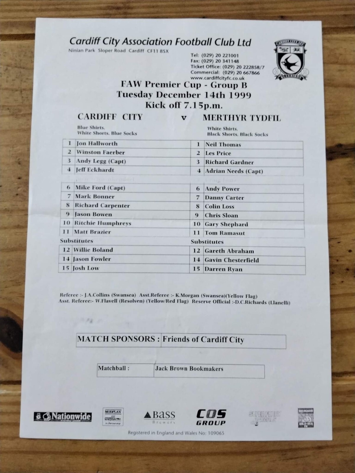 TEAM SHEET - CARDIFF CITY v MERTHYR TYDFIL FAW Premier Cup Group B 1999 ...