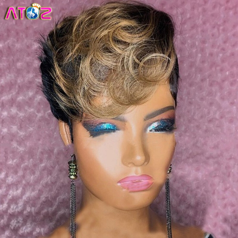 Side Bangs Pixie Cut Wig Short Curly Wavy Black Blonde Side Part Wigs ...