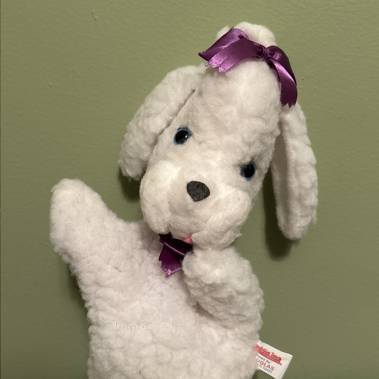 HTF Vintage Douglas Cuddle Toys White Poodle Purple Bow Hand Puppet Toy ...