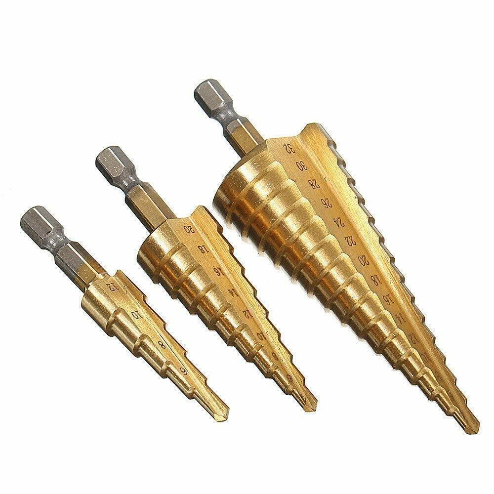 3Pcs HSS Steel Step Cone Drill Bits Set 4-12/20/32mm Metric Spiral ...