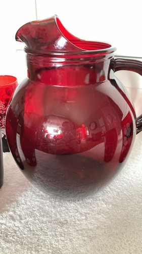 Vintage red glass water pitcher plus 5 red water glasses that hold 8 ...