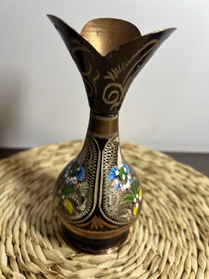 vintage handmade, hand-painted, and engraved copper vase, Made In ...