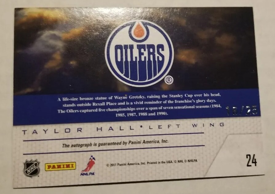 2011-12 PANINI PINNACLE GAME NIGHT SIGNATURES TAYLOR HALL AUTOGRAPH 16/ ...