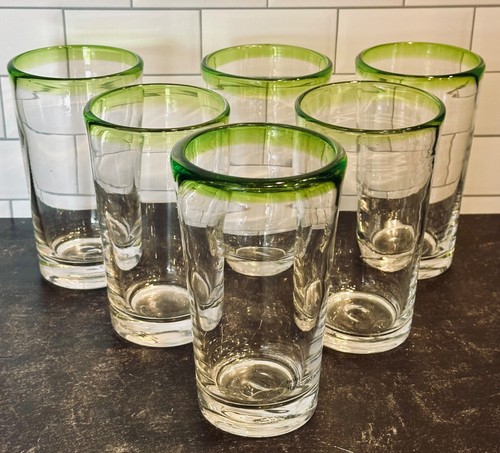 6 Mexican Blown Glasses Green Rim Tumblers - New with stickers | eBay
