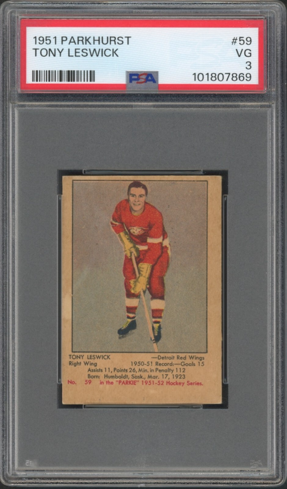 1951 Parkhurst Hockey Card #59 TONY LESWICK - PSA 3 (very nice for the ...