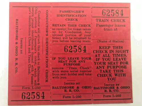 Vintage 1950’s Baltimore & Ohio B&O Railroad Passenger Train Check ...