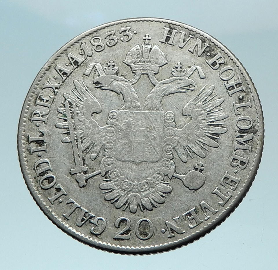 1833 B AUSTRIA Emperor Franz II Hapsburg Genuine Silver 20 Kreuzer Coin ...