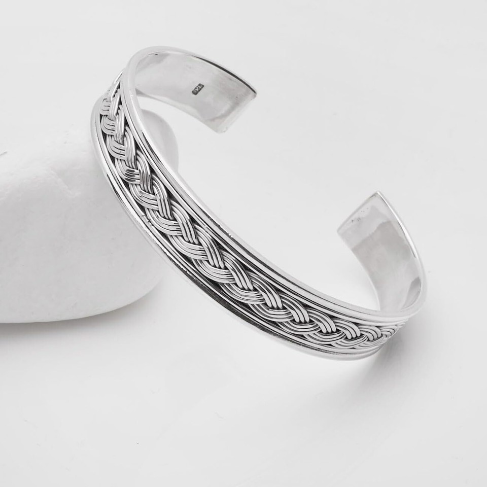 Men's Solid 925 Sterling Silver Braided Detail Cuff Bangle Bracelet | eBay