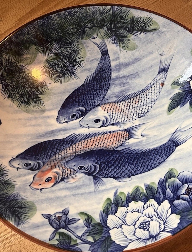 Large Koi Fish Lotus Flowers Serving Bowl Centerpiece Vintage Sun Ceramics Japan | eBay