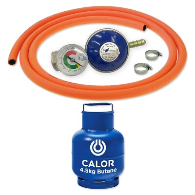 BUTANE GAS BOTTLE REGULATOR WITH PRESSURE GAUGE 1m ORANGE HOSE 29mbar ...