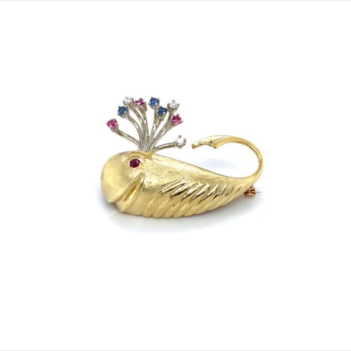 VINTAGE 14K YELLOW GOLD WHALE WITH DIAMONDS SAPPHIRES & RUBIES BROOCH ...