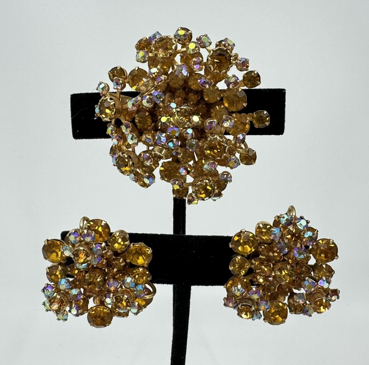 Unsigned Judy Lee? Swedge Dome Flower Brooch & Earring Set AB Topaz ...