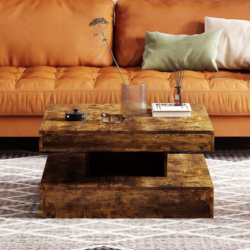 Square Coffee Table with LED Wood Low Coffee Table for Living Room ...