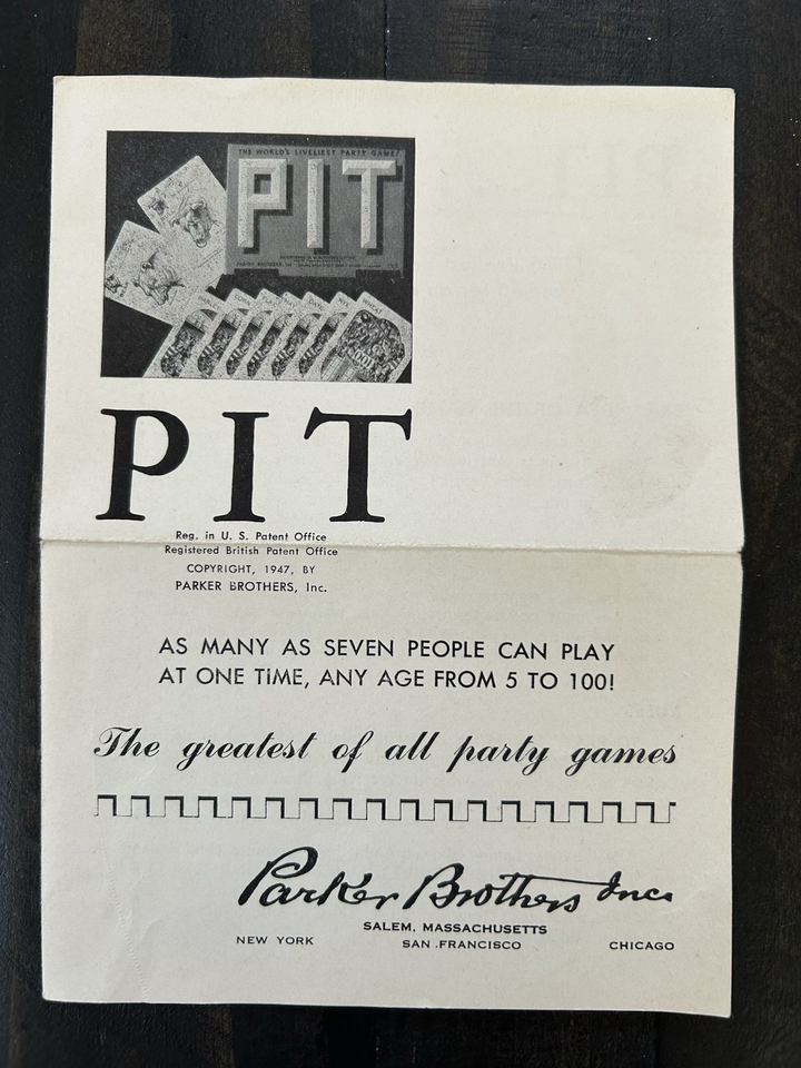 1947 Parker Brothers Game PIT Empty Box & Instructions Rules Copy Right ...