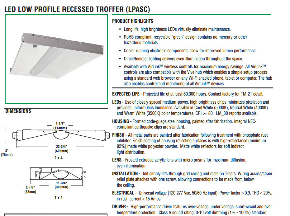 LSI 2X4 LOW PROFILE LED TROFFER 4000K LPASC24 LED HO NW UE NEW FREE ...