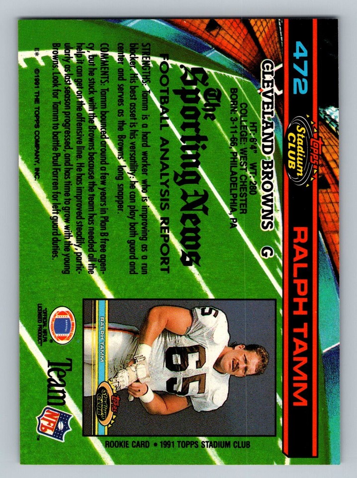 1991 Stadium Club #472 Ralph Tamm RC Rookie Cleveland Browns | eBay